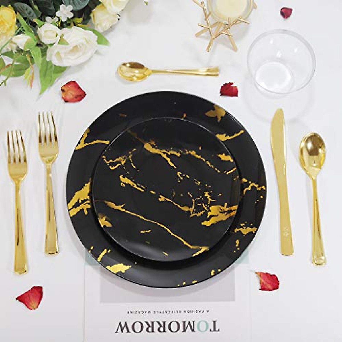 BUCLA 30Guests New Year Plates - Black And Gold Plastic Plates With Disposable Prewrapped Silverware Bulk And Gold Cups- Marble Design Disposable Plastic Dinnerware-Ideal For Thanksgiving and New Year