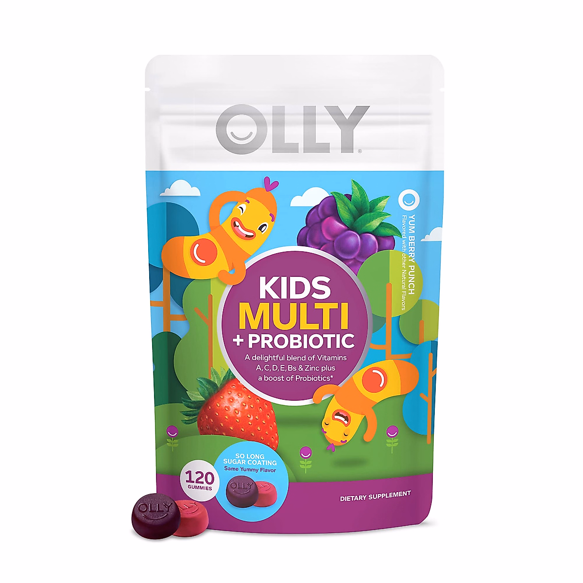 OLLY Kid's Multivitamin + Probiotic Gummy, Vitamins A, C, D, E, B, Zinc, Digestive Support, Chewable Supplement, Berry Flavor, 60 Day Supply - 120 Count Pouch