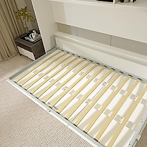 Murphy Bed Twin, Horizontal Twin Size Murphy Bed Cabinet, Wall Bed with Self and Drawers, Wood Hideaway Folding Hidden Beds for Platform Bedroom, Guest Room, Studio or Home Office, White