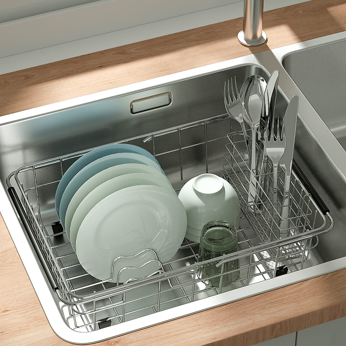 FAWEGO Expandable Sink Dish Drying Rack Adjustable 304 Stainless Steel in Sink Dish Drainer, Rustproof Dish Rack for Sink or Counter top