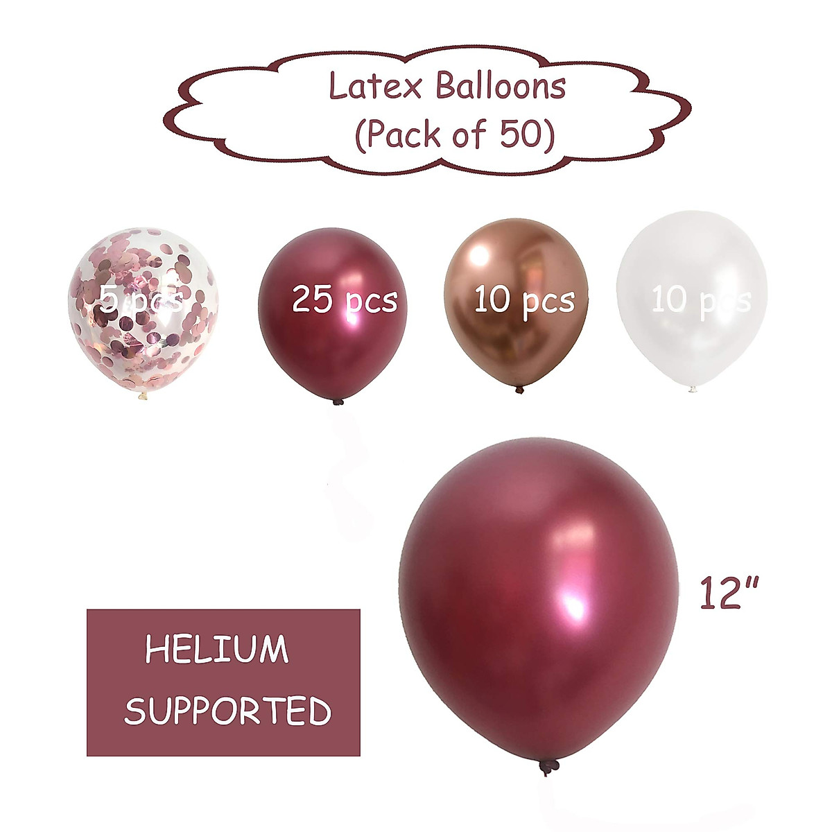 Chrome Rose Gold Burgundy Balloons - 50Pieces White Metallic Rose-Gold Dark Red Balloons for Birthday Women Wedding Bridal Shower Anniversary Party Decorations