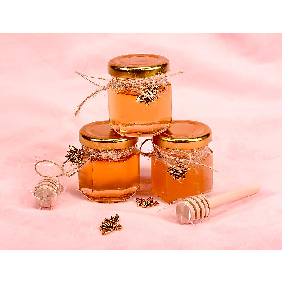 Adabocute 40-Count 1.5 oz Mini Hexagonal Glass Honey Jars - Small with Wooden Dippers, Bee Charms, Gold Gift Bags and Jutes Lids for Baby Shower, Wedding Party Favors