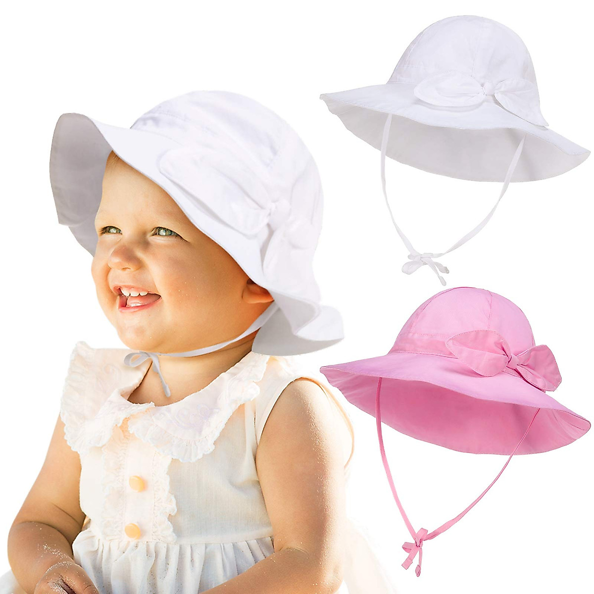 2 Pieces Baby Girl Sun Hat Infant UV Protection Summer Hats with Bows Wide Brim Bucket Hats Adjustable Sunscreen Beach Caps Bowknot Fisherman Caps (Baby of 6-12 Months, White and Pink)