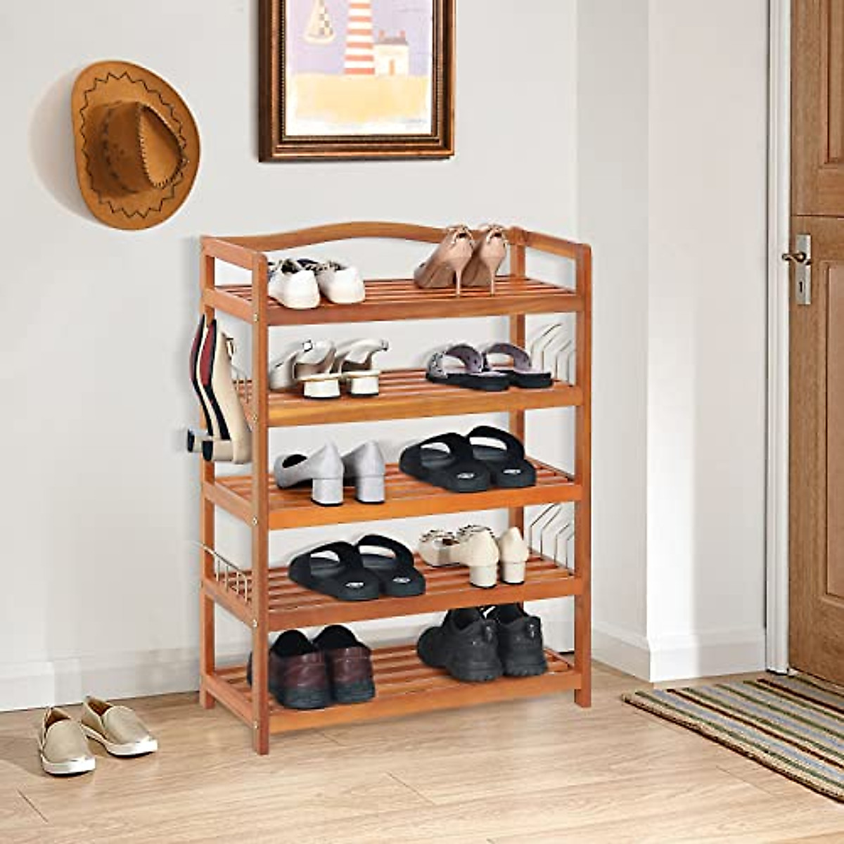 Giantex 5-Tier Shoe Rack, Acacia Wood Shoe Shelf with Side Metal Hooks, Holds up 12-18 Pairs, Shoe Organizer, Shoe Storage, Wooden Shoe Rack for Entryway, 25’’Lx10.5’’Wx32.5’’H