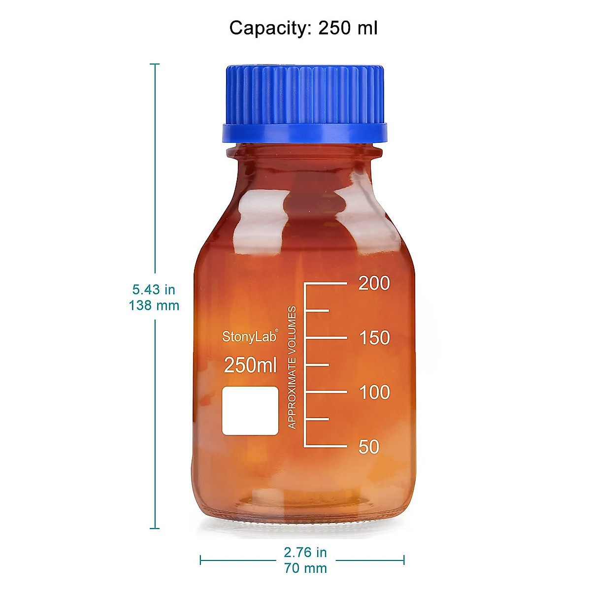 stonylab Storage Bottles with GL45 Screw Cap, 250 ml Amber Borosilicate Glass Graduated Round Storage Bottle for Lab Reagent Media Storage Bottles with Blue Screw Cap, 1 Pack