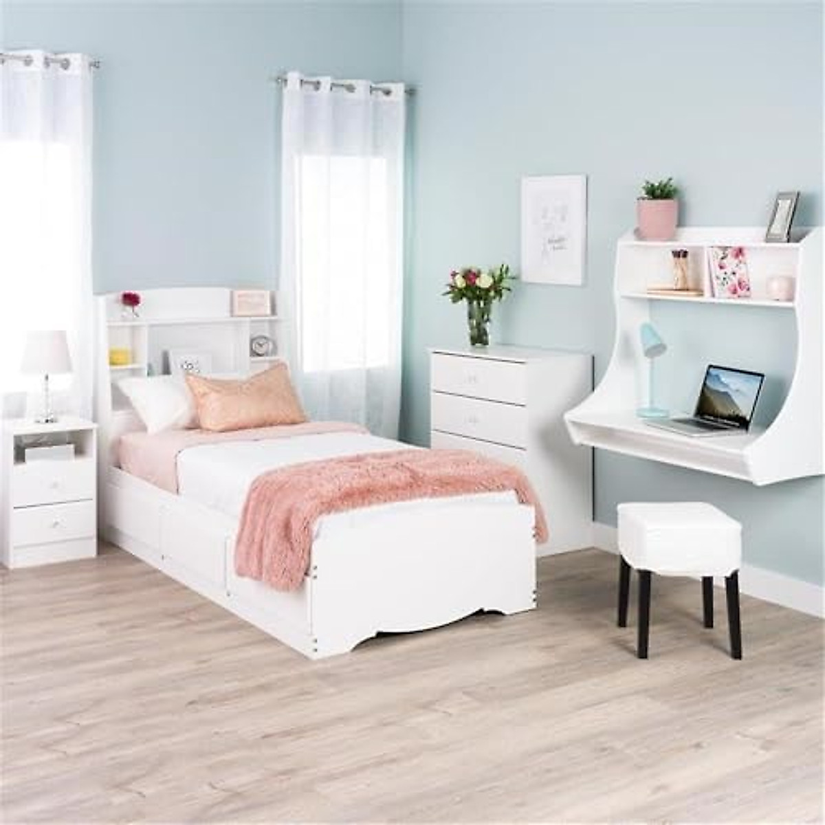 Prepac Astrid Simplistic Nightstand with 2 Drawers and Open Shelf, Functional Bedside Table with Acrylic Knobs 15.5" D x 16" W x 24.5" H, White, WDNH-0402-1-V