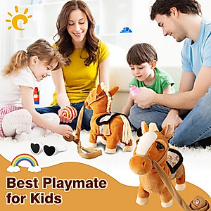 Walking Pony Toy Musical Singing Dancing Plush Interactive Pony Walk Along Horse with Leash Plush Stuffed Animal Shaking Head Buttocks Toy for Boy & Girl Kid Ages 3+ H: 11.81"
