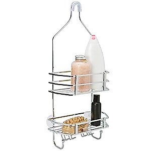 Bath Bliss Shower Head Caddy, Suction Cup Backing, 2 Tier Shelving & 6 Accessory Hooks, Chrome