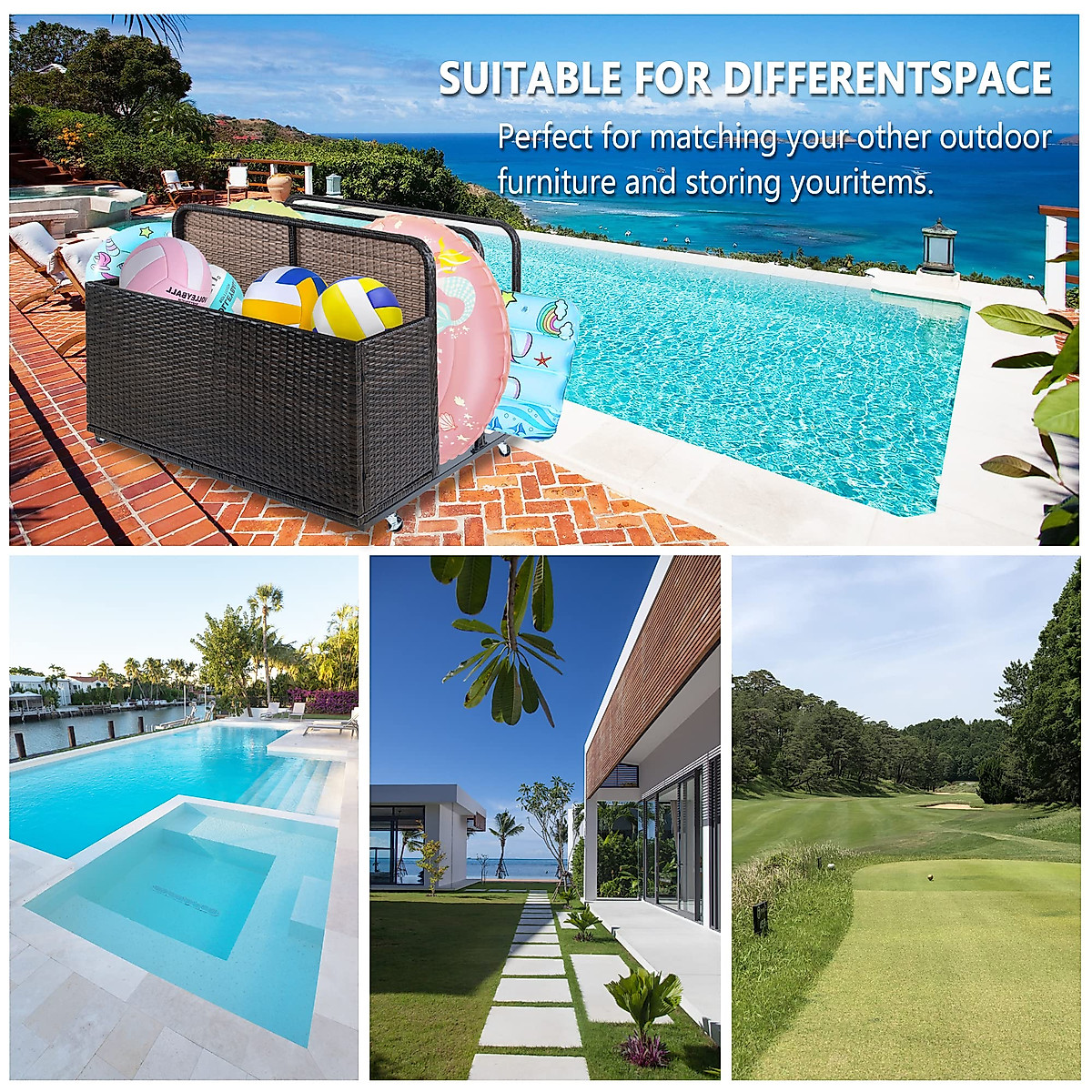 STMHOM Poolside Float Storage, Outdoor Storage, Patio Poolside Float Storage Basket, Storage Box, PE Rattan Outdoor Pool Caddy with Rolling Wheels for Floaties, Patio, Pool, Movable, Brown