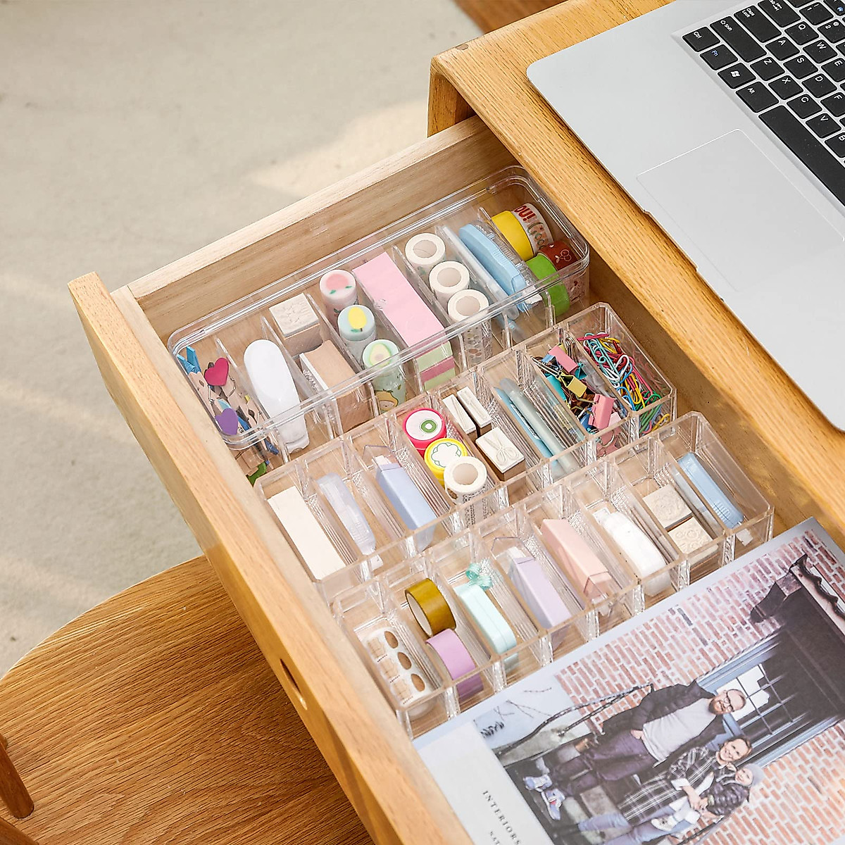 Yesesion Clear Plastic Cable Organizer Box with Adjustment Compartments, Desk Accessories Storage Case with Lid and 10 Wire Ties for Drawer, Office, Art Supply, Electronic Management