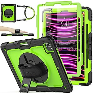 SEYMAC stock Case for iPad Pro 12.9'' 2022/2021/2020/2018 with Screen Protector 360 Rotating Stand Hand Strap, Drop-Proof Case for iPad Pro 12.9''(6th/5th/4th/3rd Generation), Green/Black