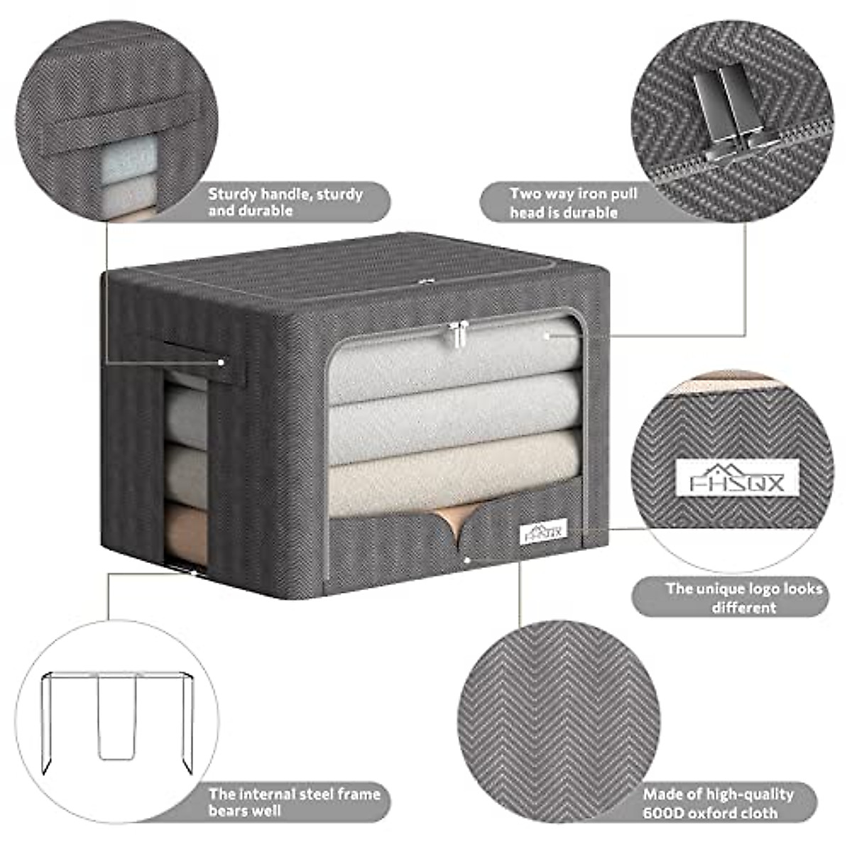 3 Pack Clothes Storage Organizer Bins - Foldable Metal Frame Storage Box Stackable Container Organizer Set with Carrying Handles and Clear Window (Large-66L-19.7x 15.7x 12.6 Inches, Dark Grey)