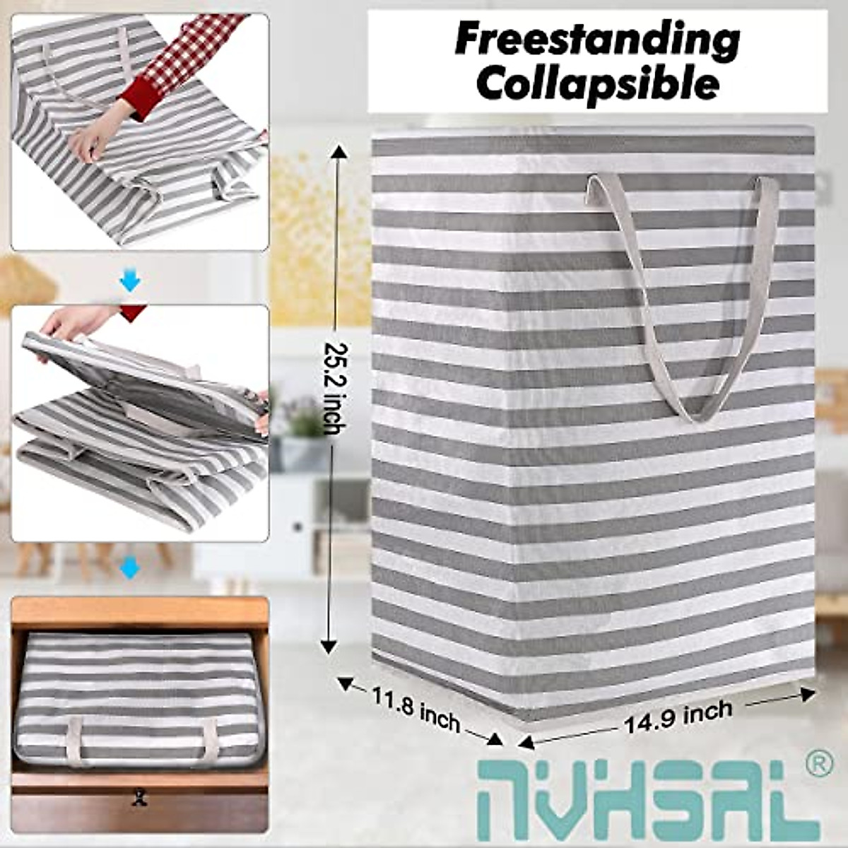 Collapsible Laundry Hamper with Handles, Large Laundry Basket 75L Freestanding Square Storage Bin Towels Toy Clothes Organizer Canvas Waterproof Laundry Baskets for Home Travel School (Grey White)