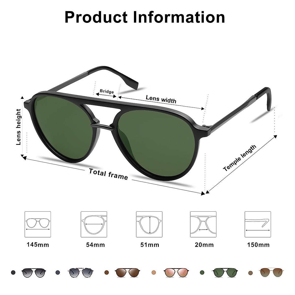 SOJOS Retro Aviator Polarized Sunglasses for Women Men Double Bridge Ladies Shades SJ2078 with Matte Black Frame/Green Lens
