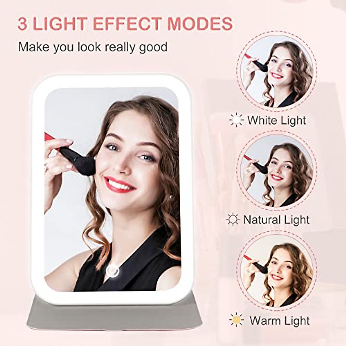 Luminar bowo Vanity Tabletop Mount Mirror with Lights, Travel Makeup Mirror 360° Rotation Touch Screen 3 Colors Light Modes 72 LEDs USB Rechargeable, 1200mA 5.5x8-Inch Desk Compact Mirror Pink