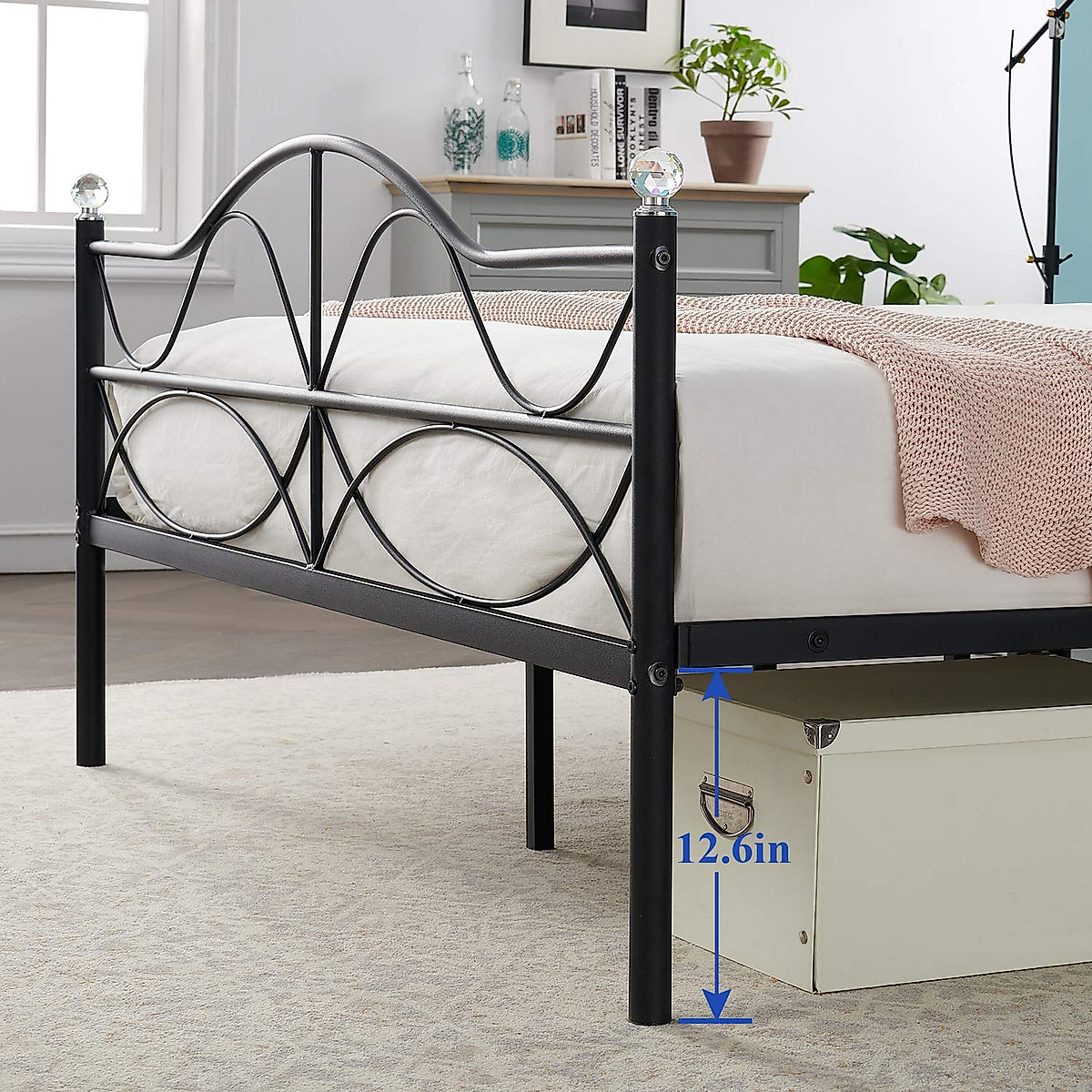 VECELO Full Size Bed Frame Metal Mattress Foundation,Platform Bed with Box Spring Replacement Headboard, Deluxe Crystal Ball Stylish,Matte Black