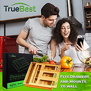 TrueBest Ziplock Bag Organizer for Kitchen Drawer - Food Bag Storage Ziplock Organizer- Sliding Lid for Easy Refill-Natural Bamboo Kitchen Zip Lock Bag Organizer for Gallon, Quart, Sandwich, Snack Bags - Plastic Bag and Baggie Dispenser Holder (Bamboo)