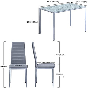 ROZHOME Gray Dining Table Set for 4, 5 Piece Kitchen Table and Chairs for Up to 110 Combinations, Compact Space-Saving w/Tempered Glass Tabletop and 4 Upholstered Chairs