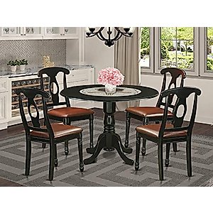East West Furniture Dublin 5 Piece Dinette Set for 4 Includes a Round Table with Dropleaf and 4 Faux Leather Dining Room Chairs, 42x42 Inch, Black