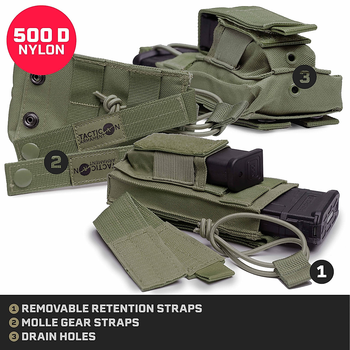 Tacticon K1 BattlePouch | 1 Rifle + 1 Pistol Mag Pouch | Combat Veteran Owned | Molle Single Rifle Pistol Magazine Holster Ammo | Tactical Bag Accessories Holder (1 Rifle + 1 Pistol [OD Green])