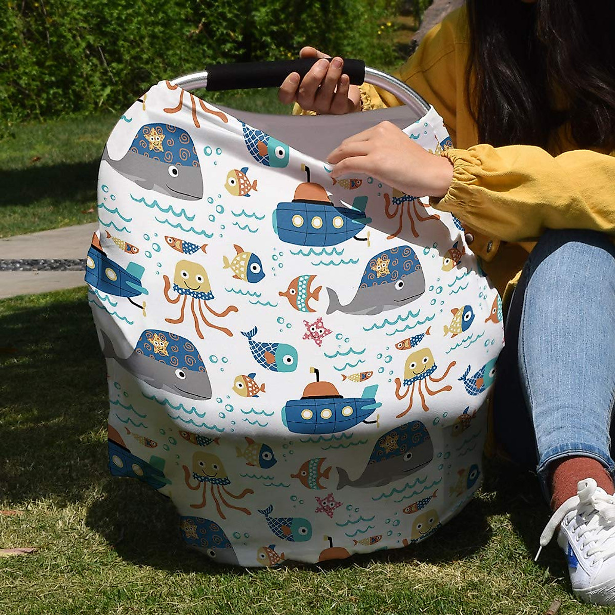Baby Car Seat Nursing Cover for Breastfeeding Scarf, Ocean, Ultra Soft Breastfeeding Covers Poncho Canopy for Boy Girl, Infant Stroller Cover, Sea Creature Submarine