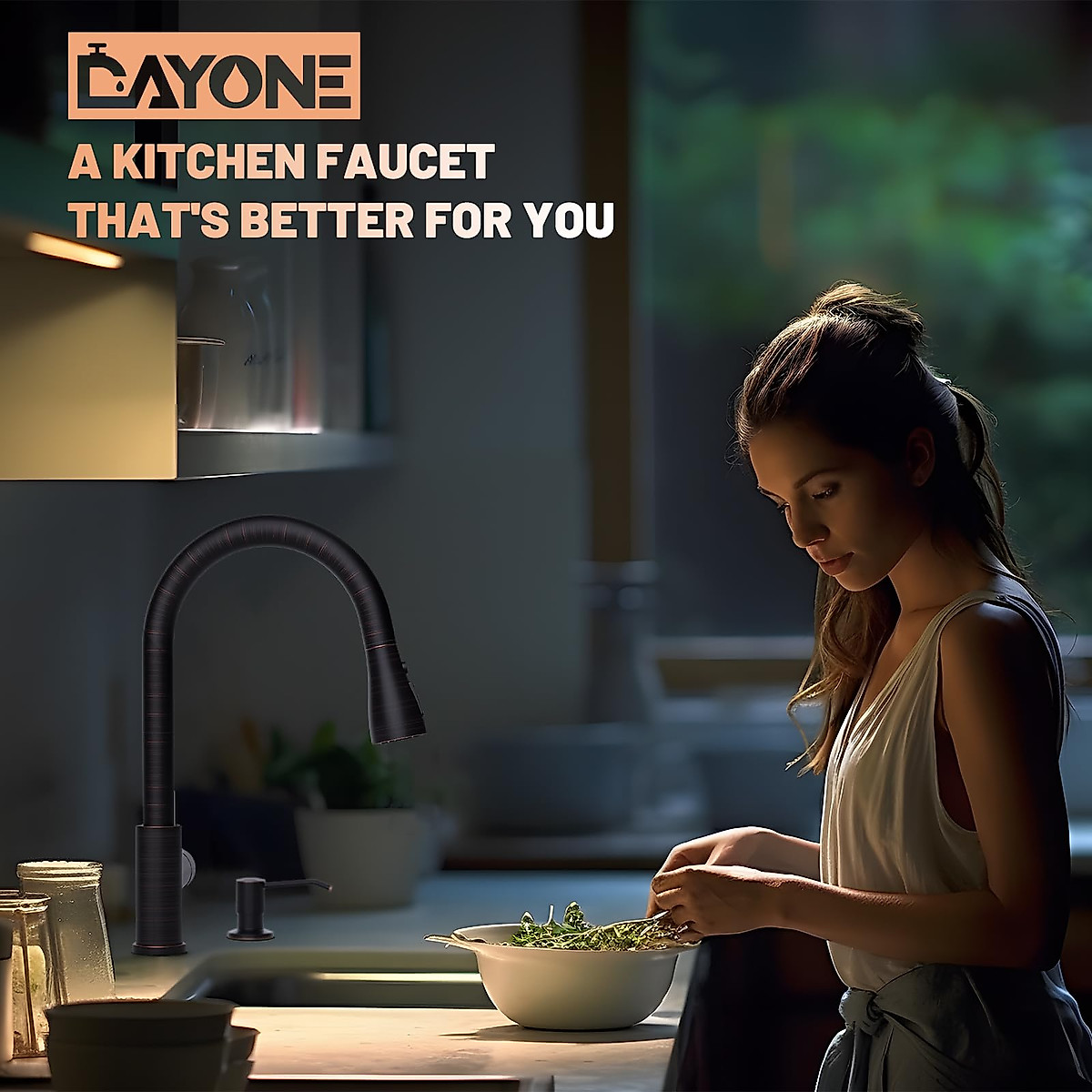 DAYONE Oil Rubbed Bronze Kitchen Faucet and Soap Dispenser, Bronze Kitchen Sink Faucet with Pull Down Sprayer, High Arch Single Handle Sink Faucet for Kitchen