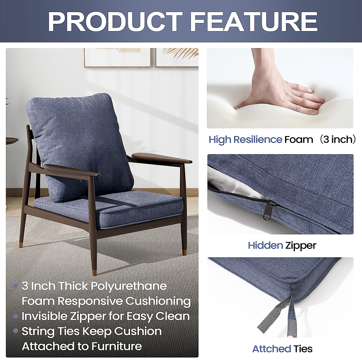 PATIOHIT Outdoor Chair Cushions Waterproof Indoor Furniture Seat Cushions Patio Cushions for Sofa Couch Outdoor Furniture with Removable Cover Deep Seat & Back Cushion (22 x 21 Inch, Sky)