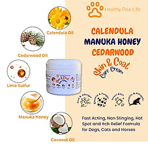 Healthy Paw Life Skin and Coat Care Ointment for Pets - Itchy or Dry Skin, Wounds, Hot Spots – Calendula Oil, Manuka Honey, Lime Sulfur, Cedarwood Oil, Coconut Oil – Dogs, Cats, Puppies, Kittens