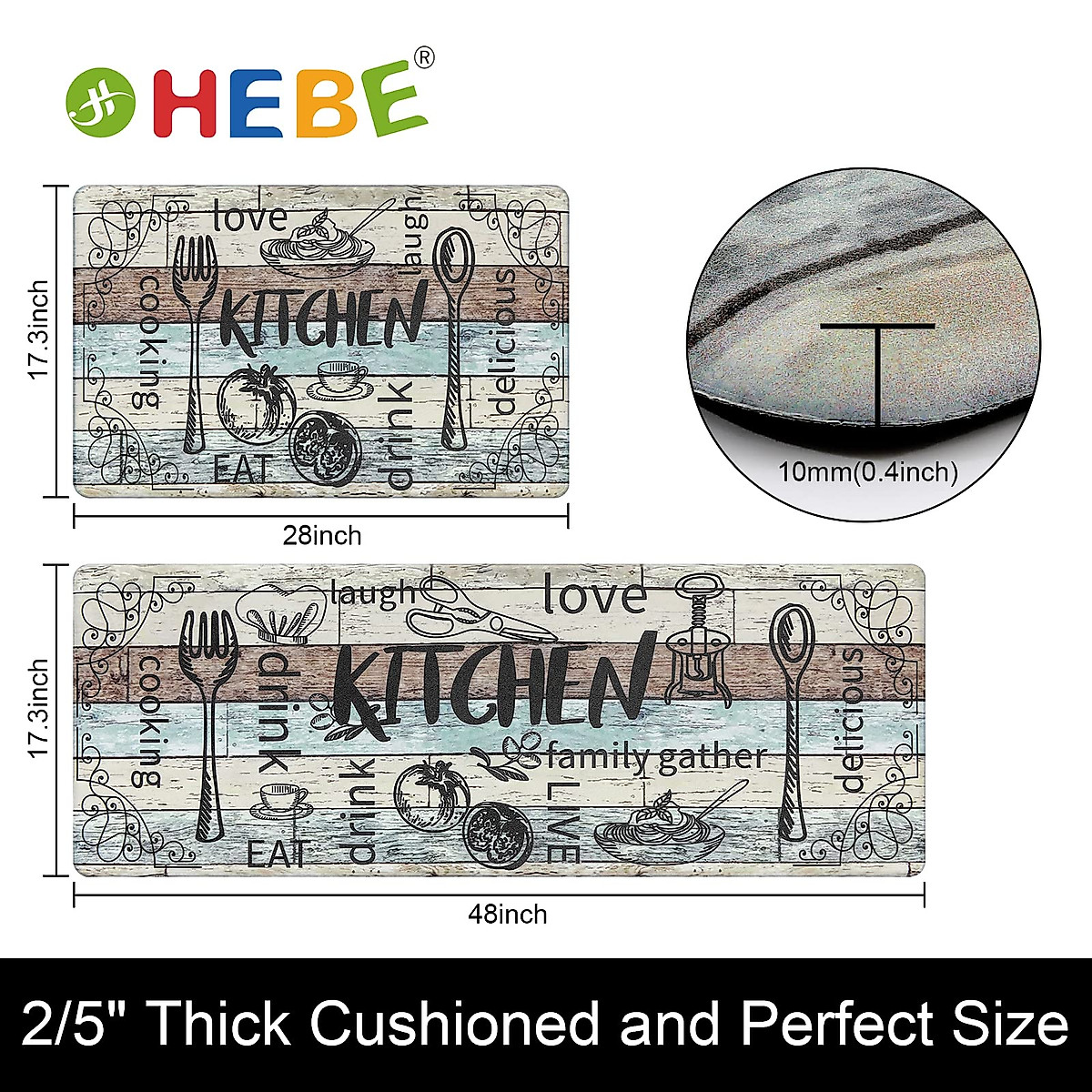 HEBE Anti Fatigue Kitchen Rug Set of 2 Non Slip Cushioned Kitchen Mats for Floor Waterproof Comfort Kitchen Rugs and Mats Farmhouse Chef Mats Floor Carpet for Sink,Laundry Room