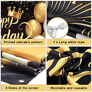 Happy Birthday Backdrop Banner 2 Pieces Large Black and Gold Happy Birthday Sign Birthday Photography Supplies Indoor Outdoor Birthday Party Decorations for Children Men Women Celebration