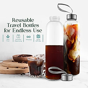 Kitchen Lux 32 oz Glass Water Bottle Set of 6 - Glass Water Bottles Caps & Sleeve, Reusable Glass Bottle Lids, Clear Glass Bottles, Refillable Glass Juice Bottles for Juicing, Juicer Bottles