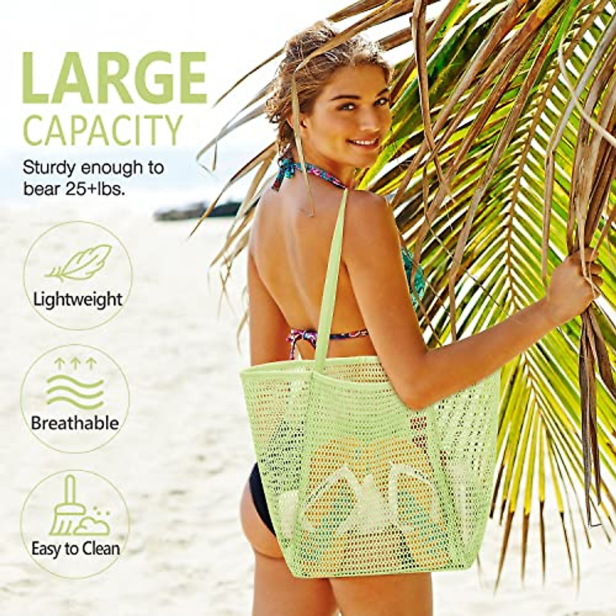 hatisan Beach Bag Mesh Tote Bag, Upgrade Beach Tote with Phone Pouch Women Mesh Bag Shoulder Bag for Beach Travel Vacation (Green)