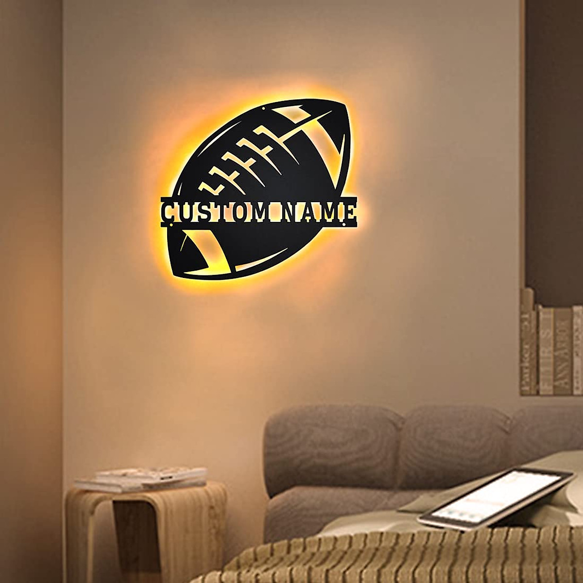 Personalized Football Gifts for Men Custom Name Football with Led Night Light, Football Neon Light Wall Sign 16 Colors Changing with Remote Control, Sport Lover Christmas Birthday Gift (Style 2)