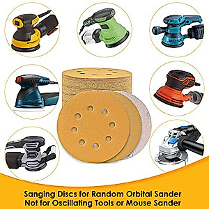 Spmarkt 50Pcs 5 Inch Sanding Discs, 8 Hole Dustless Hook and Loop, Gold Premium Sandpaper Set, 10 Each of Grit 80/120 / 180/240 / 320, for Woodworking or Automotive