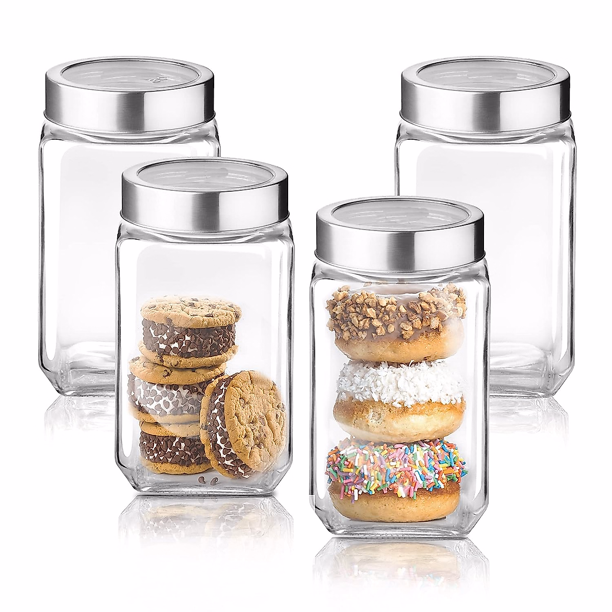 Feelopie Piramal Cube Storage Glass Jar With Airtight See Through Steel Lid|BPAFree|Kitchen Organiser|Modular|Multipurpose Jar |Coffee Bean,Dry Goods,Cookie,Candy,Tea,Spices[800ml,set of 4]