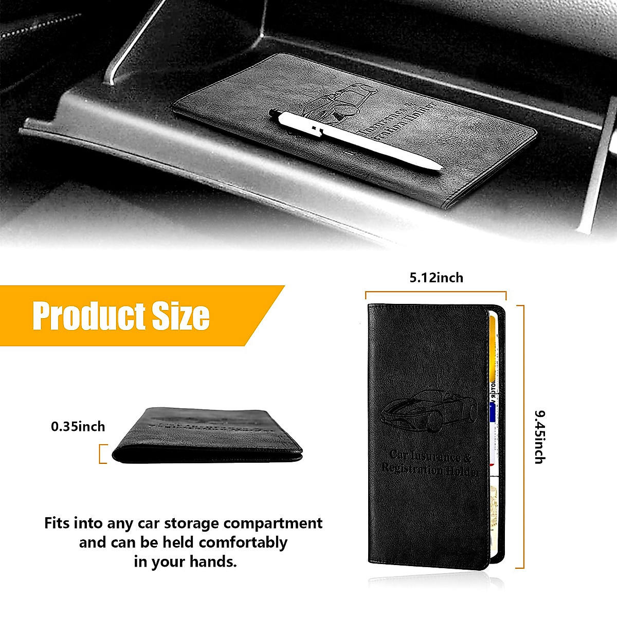 Kewucn Car Registration and Insurance Holder, Leather Auto Glove Box Organizer with Magnetic Shut, Vehicle Compartment Accessories Case for Cards, Driver License & Essential Documents