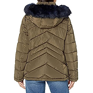Tommy Hilfiger Women Contrast Zipper Fur Hood Short Puffer Jacket, Juniper, Large