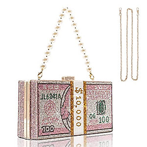 TANOSII Women Stack of Cash Evening Bag Crystal Rhinestone Clutch Money Shoulder Bag Dollar Purse Cuboid Shape Pink
