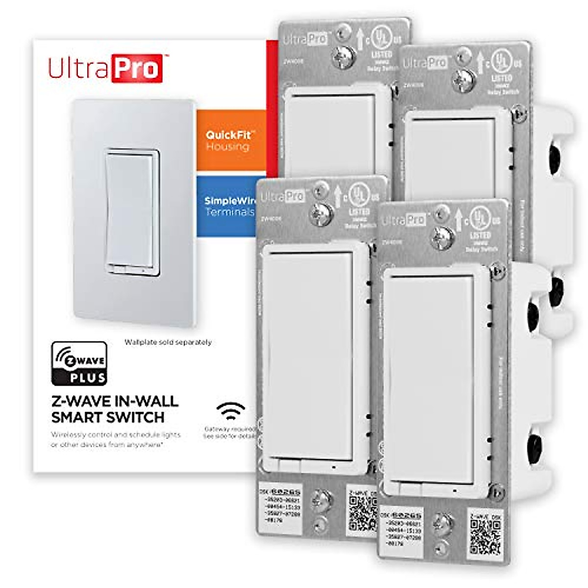 UltraPro Z-Wave Smart Rocker Light Switch with QuickFit and SimpleWire, 3-Way Ready, Works with Alexa, Google Assistant, ZWave Hub Required, Repeater/Range Extender, White Paddle Only, 4-Pack, 54891