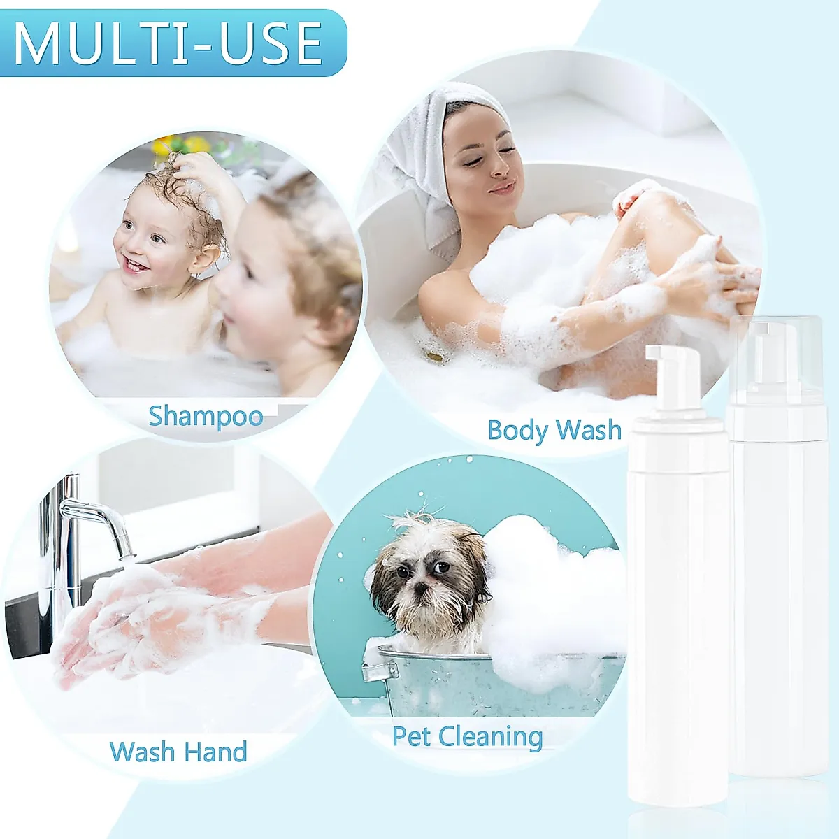 Foam Pump Bottle 8.5oz/250ml White Empty Foam Dispenser Bottle Travel Foaming Hand Soap Bottle Large Refillable Foaming Bottle for Shampoo Cleaning Traveling (4 Pack)