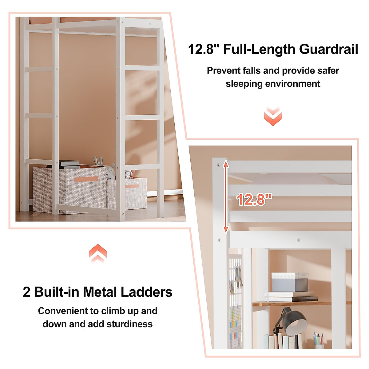 Twin Size Loft Bed with Desk and Shelves, Metal Loft Bed Frame with Metal Grid & Safety Guardrails & 2 Ladders, Space Saving Loft Beds for Kids, Teens, Adults, No Noise, No Box Spring Needed, White