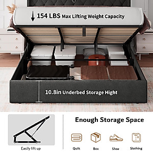 iPormis King Size Lift Up Storage Bed Frame with Charging Station, Upholstered Platform Bed Frame with Tufted Headboard, Hydraulic Storage, No Box Spring Needed, Noise-Free, Easy Assembly, Dark Grey