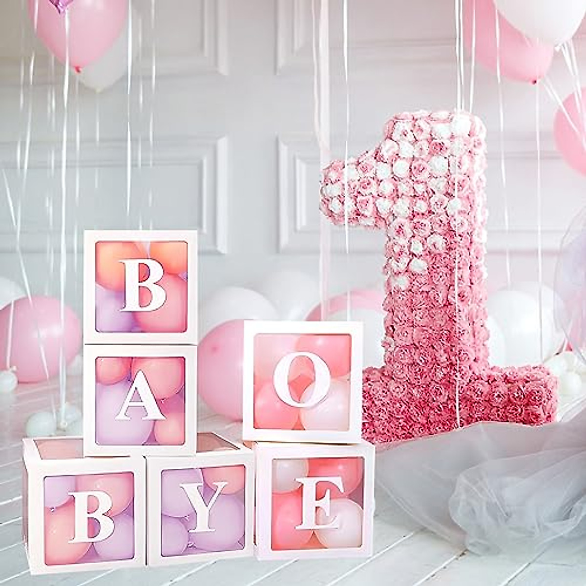 QPEY Thickened 6 PCs Baby Shower Boxes with 78 Letters,Baby Blocks for Baby Shower, Clear Balloon Boxes for Baby Shower and Birthday Party,Prom Boxes(6 PCs Boxes)