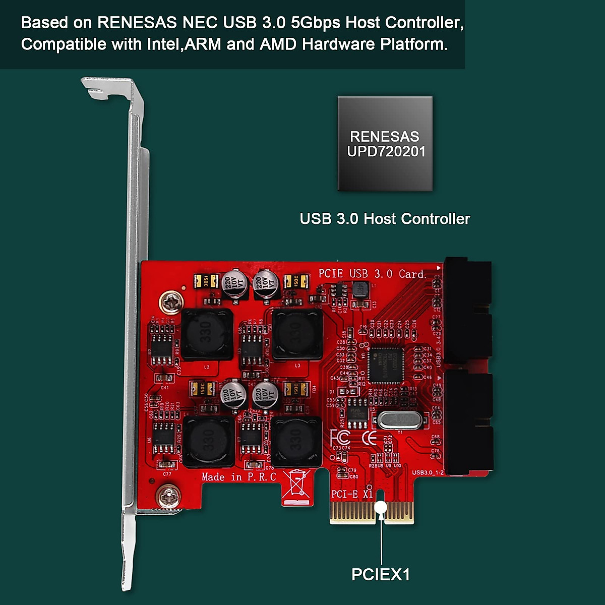 LTERIVER PCIE to 2X 19Pin USB 3.0 Header, PCIE Superspeed USB 3.0 5Gbps Expansion Card for Windows 11, 10, 8.1, 8, 7, XP (32/64bit) Desktop PCs, Built in Smart Power Control Technology (PCE-IN4)