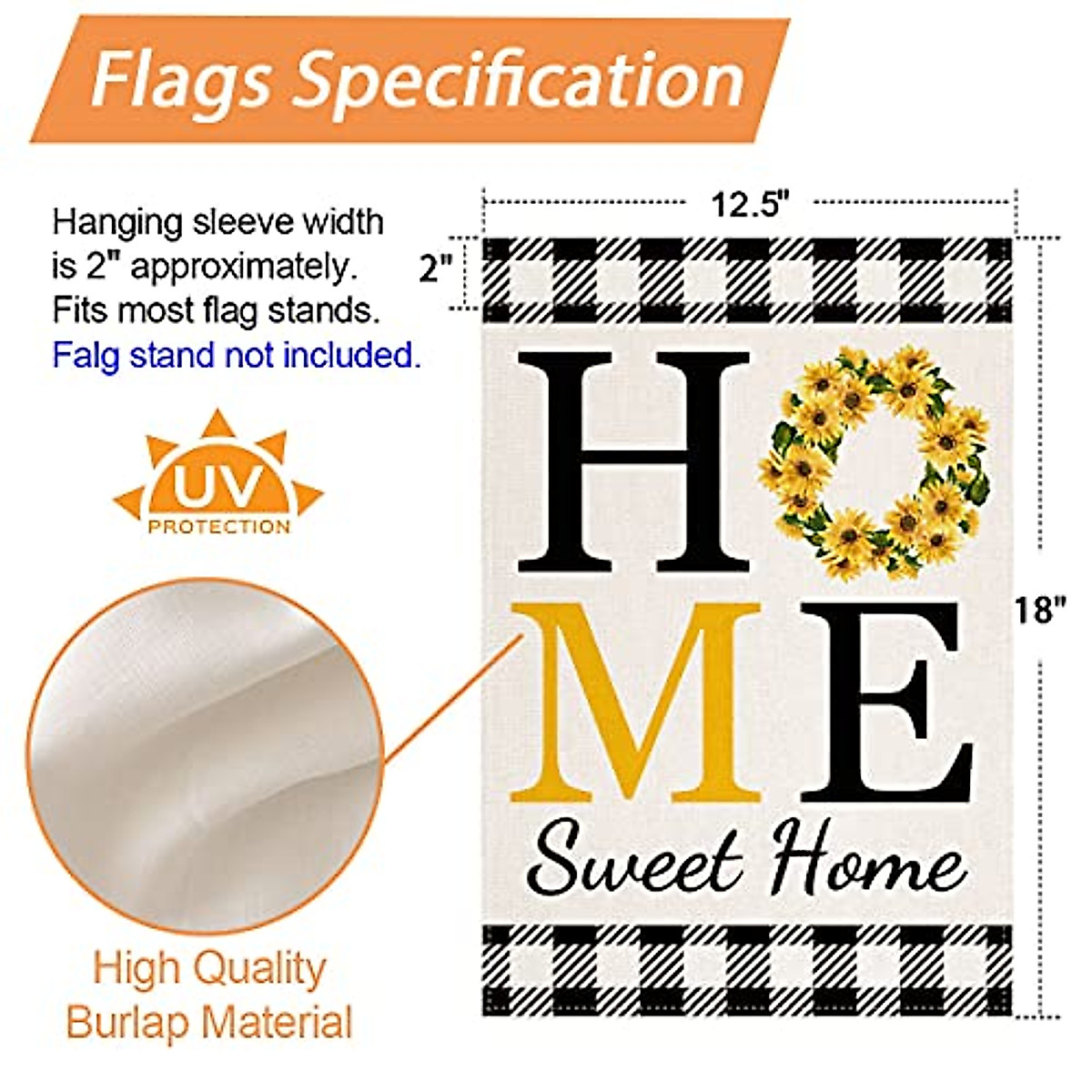 QWETRY Sunflower Home Sweet Home Garden Flag for Outside Summer Flags for Farmhouse Lawn Outdoor Décor, Burlap Vertical Buffalo Check Plaid Flower Small Rustic Yard Flags 12.5 x 18 Inch Double Sided