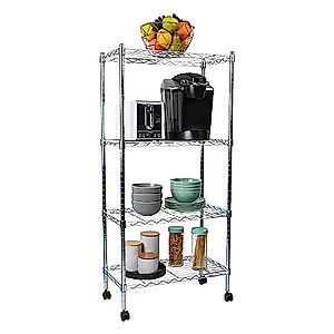 Mind Reader Alloy Collection Adjustable 4-Tier Industrial Storage Shelves with Wheels, Metal, 23.25" L x 13.5" W x 49.5" H, Silver