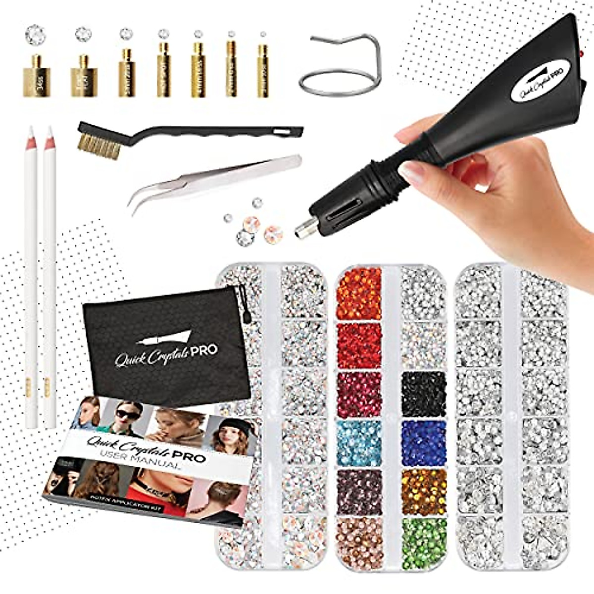 Quick Crystals Pro Hotfix Applicator, Bedazzler Kit with Rhinestones, DIY Wand Setter Tool Kit with 7 Different Tip Sizes, Tweezers, Cleaning Brush, User Manual, and 4400 Rhinestones.