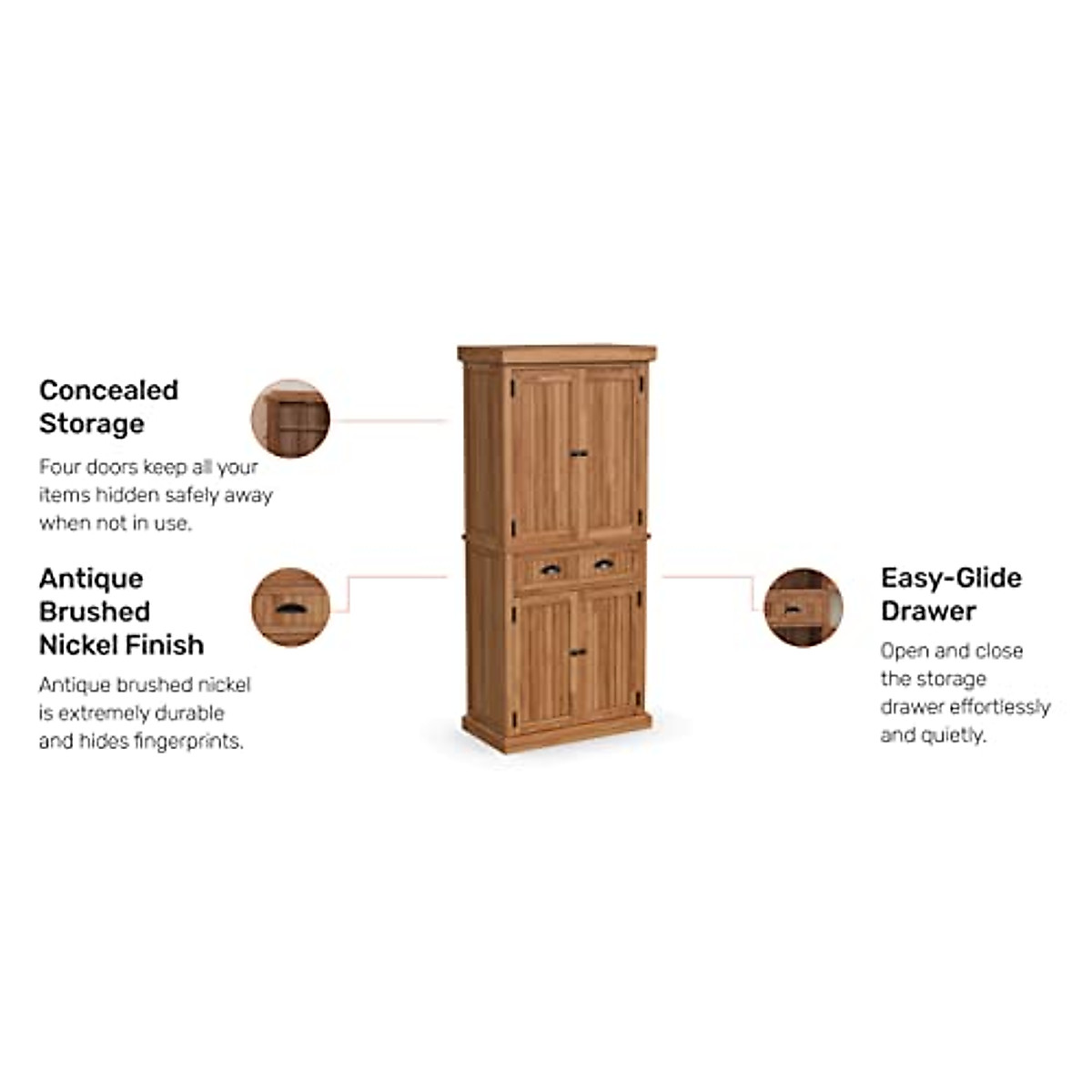 Homestyles Nantucket Storage Cabinet Kitchen Pantry with Drawers and Adjustable Shelves, 71.5 Inch Height, Natural Brown Maple Finish