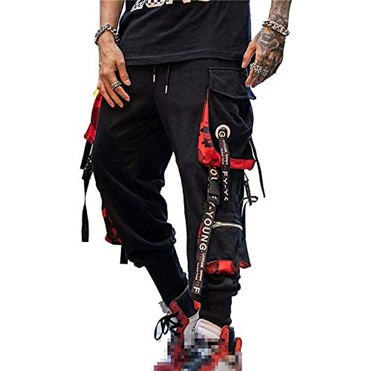 Hello MrLin Men's Jogger Pants Punk Cargo Baggy Techwear Hip Hop Harem Pants Streetwear Tactical Track Pants Black