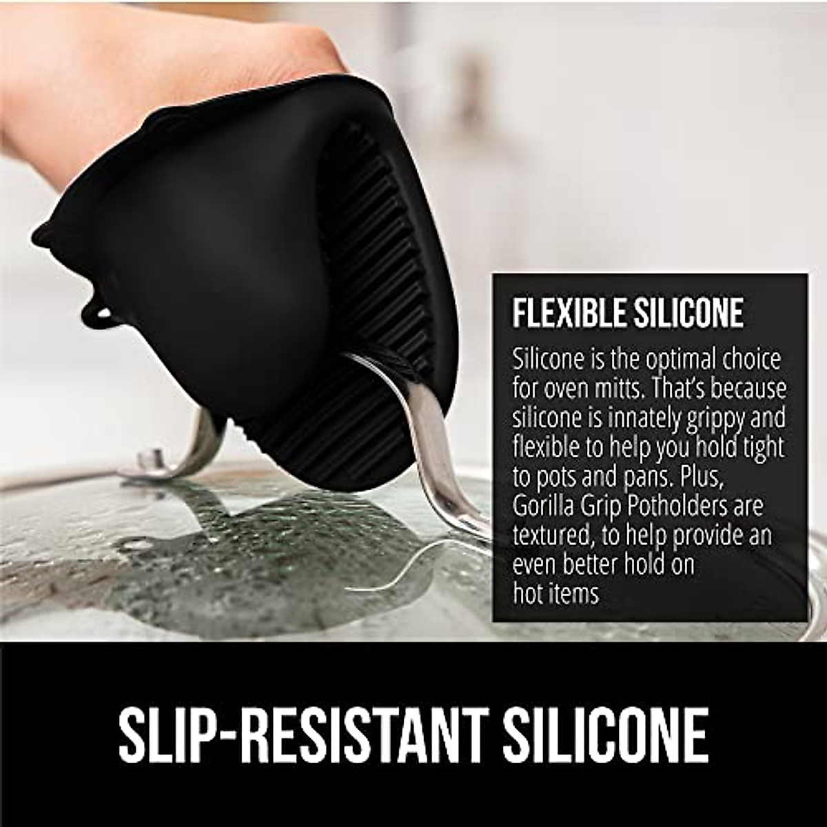 Gorilla Grip Heat and Slip Resistant Silicone Mini Potholders Mitts, Oven Mitt Gloves, BPA-Free, Textured Design, Better Grip, Hot Plate Holder, Kitchen Finger Grips, Cooking, Waterproof 2 Set, Black